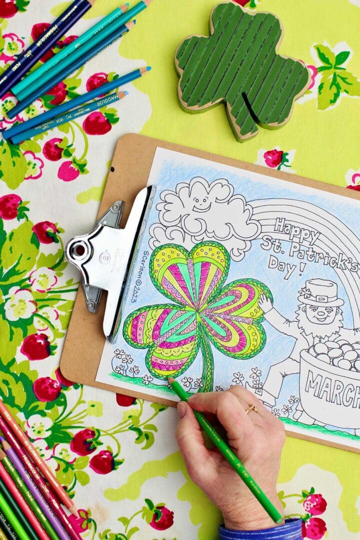 St Patrick's Day Coloring Sheet (with leprechaun, rainbow, clovers & more)