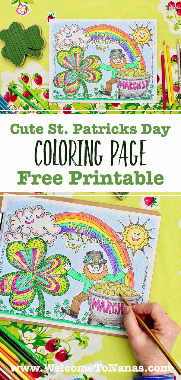 St Patrick's Day Coloring Sheet (with leprechaun, rainbow, clovers & more)