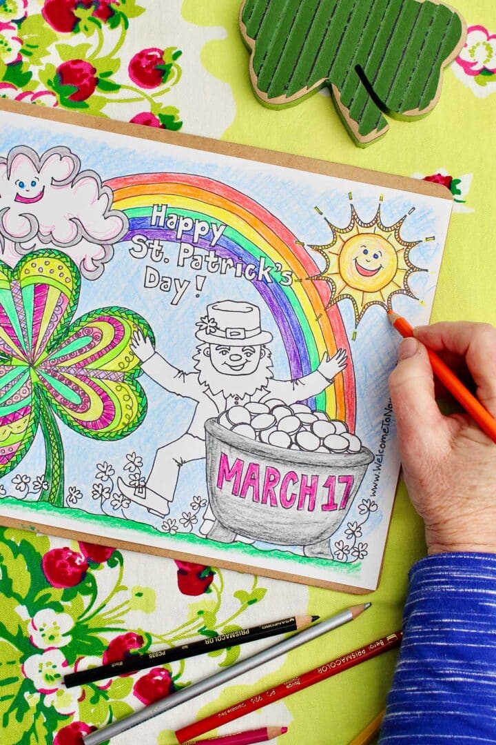 St Patrick's Day Coloring Sheet (with leprechaun, rainbow, clovers & more)