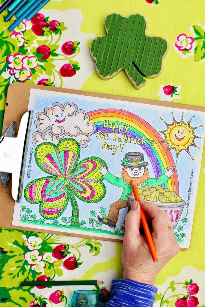 St Patrick's Day Coloring Sheet (with leprechaun, rainbow, clovers & more)
